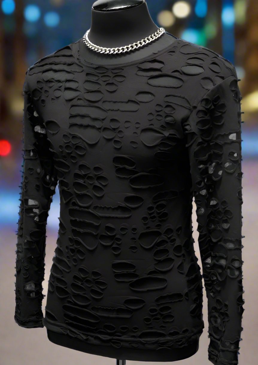 MEN'S LONG SLEEVE TEE - DECAYED FABRIC - BLACK – Shrine of Hollywood